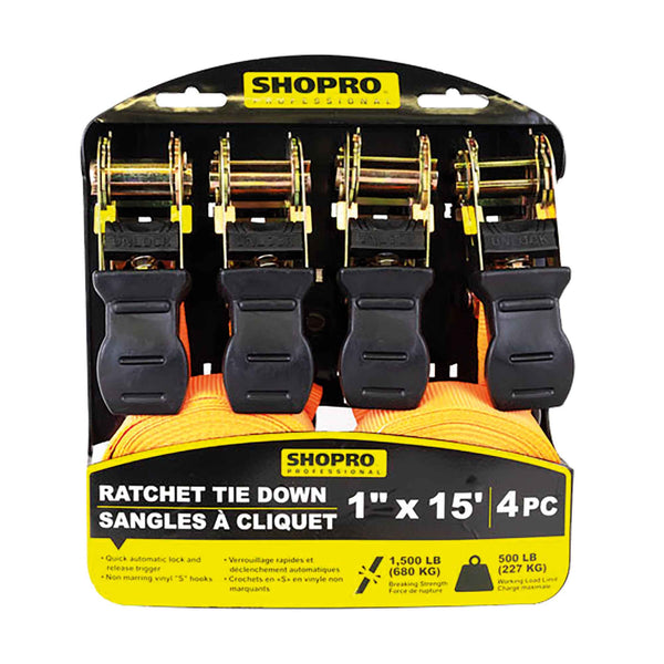 Ratchet Tiedown of 1" x 15' with 500 lbs Max Load, 4 Units - Matériaux JLS