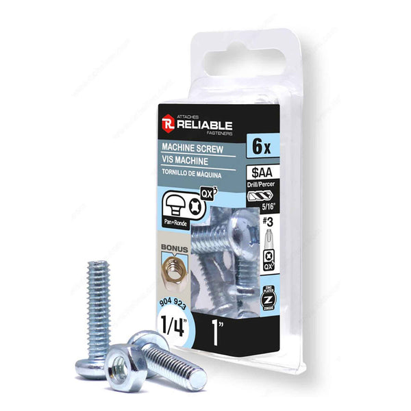 Zinc Plated Machine Pan Head Screw with Nut and Quadrex Drive, 1/4" x ...